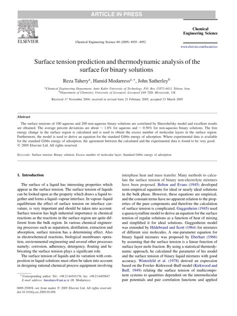 Pdf Surface Tension Prediction And Thermodynamic Analysis Of The Surface For Binary Solutions
