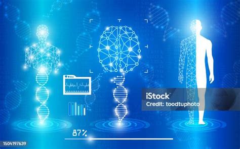 파란 빛 두뇌 및 인체 치유에 있는 추상적인 배경 기술 개념 시험 분석 클론 Dna 인간을 가진 미래 및 세계적인 국제 의학에 있는 기술 현대 의학 인공지능에 대한 스톡