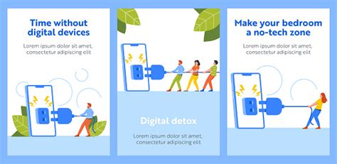 작은 사람들이 전화를 끄는 플러그를 당기는 디지털 해독 만화 배너 기술과의 단절의 개념 개념에 대한 스톡 벡터 아트 및 기타