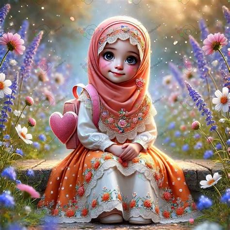 بک گراند کودکانه دختر کوچولوی ناز با حجاب نشسته روی سکوی سنگی میان گلهای زیبا کد 43752 ویژه عکس