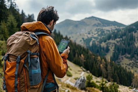 Man Using A GPS Device While Hiking Concept Of Navigation Technology In Nature Premium AI