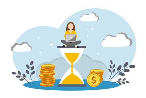 근무 시간 및 시간 관리의 개념 여자와 모래시계 프리랜서로 수익 창출 개념에 대한 스톡 벡터 아트 및 기타 이미지 개념 경영자 계획 Istock