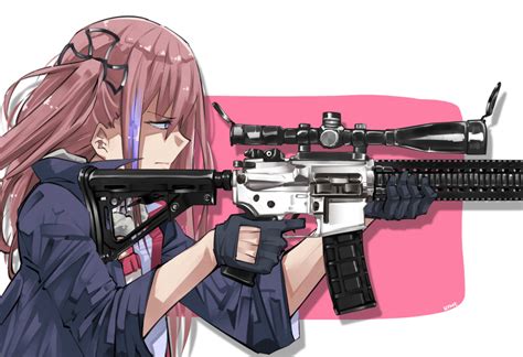 Safebooru 1girl Absurdres Aiming Ar 15 Assault Rifle Blue Eyes Finger