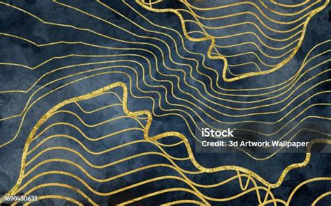 3d 추상 황금 물결 선과 진한 파란색 배경에 대리석 현대 침실 벽 장식 벽지입니다 0명에 대한 스톡 사진 및 기타 이미지 0명 곡선 그라데이션 Istock
