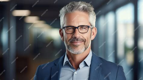 Happy Mid Aged Older Business Man Executive Standing In Office Smiling