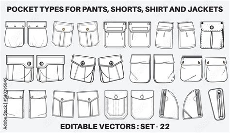 Patch Pocket Flat Sketch Vector Illustration Set Different Types Of Clothing Pockets For Jeans