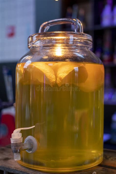 Big Glass Glass Jar With Tap Filled With Fresh Healthy Lemon Lemonade
