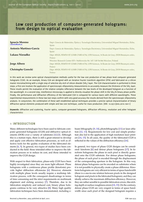 Pdf Low Cost Production Of Computer Generated Hologramsfrom Design To Optical Evaluation