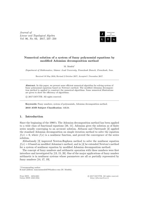 Pdf Solution Of Fuzzy Polynomial Equations By Modified Adomian Decomposition Method