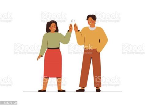 남자와 여자는 좋은 단결 사업의 표시로 서로에게 하이파이브를 합니다 사업가들은 인사 제스처와 손바닥을 뜯습니다 파트너십과 성공 개념 축하하기에 대한 스톡 벡터 아트 및 기타