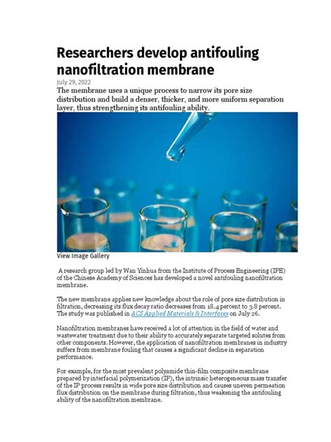 Researchers Develop Antifouling Nanofiltration Membrane Pdf
