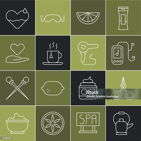 손잡이 가위 음악 플레이어 감귤류 차 티백 한잔 하트 온 치유 및 헤어 드라이어 아이콘이 있는 라인 주전자를 설정합니다 벡터 가방에 대한 스톡 벡터 아트 및 기타 이미지