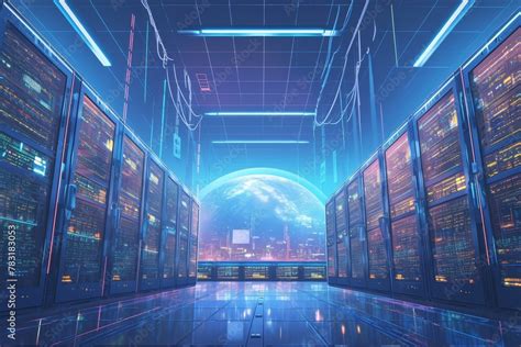 Futuristic Hightech Data Center With Glowing Server Cabinets And Dark Blue Lighting