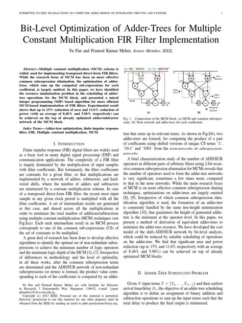 Pdf Bit Level Optimization Of Adder Trees For Multiple Constant