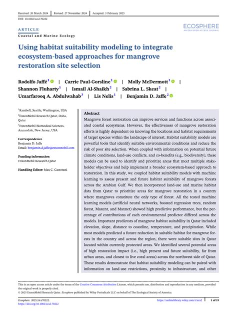 Pdf Using Habitat Suitability Modeling To Integrate Ecosystem‐based Approaches For Mangrove