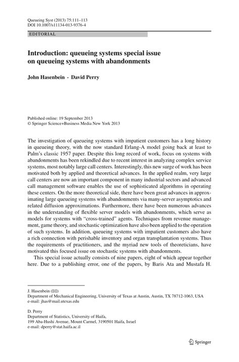 Pdf Introduction Queueing Systems Special Issue On Queueing Systems With Abandonments