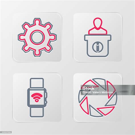 라인 카메라 셔터 무선 스마트 워치 안내 데스크 및 톱니 바퀴 기어 설정 아이콘을 설정합니다 벡터 0명에 대한 스톡 벡터 아트 및 기타 이미지 Istock