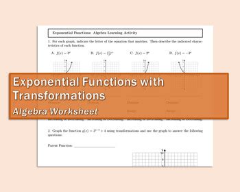 Exponential Functions With Transformations Algebra Worksheet TPT