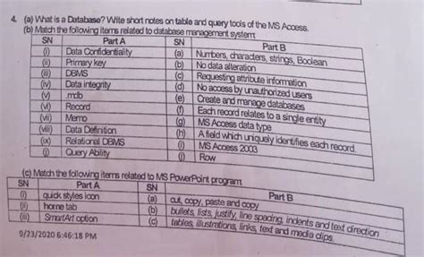 Solved A What Is A Databese Wite Short Notes On Table And