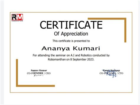 I Earned A Certificate On Robotics And Ai By Robomanthan Ananya