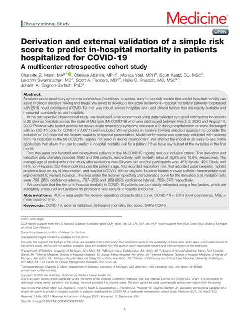 Pdf Derivation And External Validation Of A Simple Risk Score To