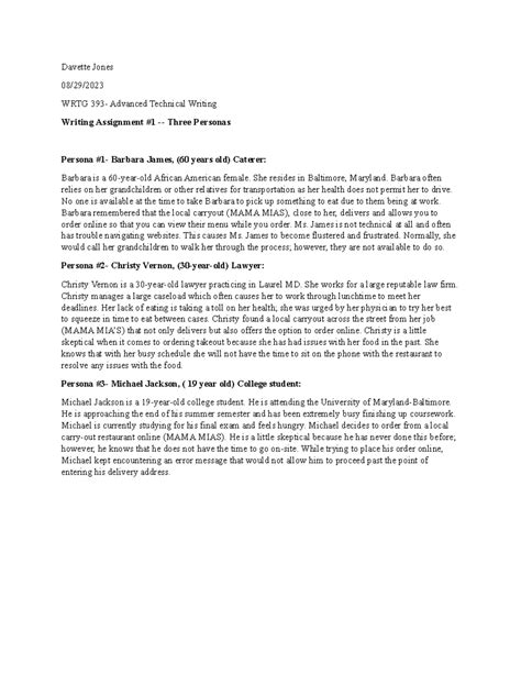 Writing Assignment 1 Three Personas Davette Jones 0829 Wrtg 393 Advanced Technical