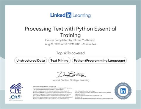 hikmet y on linkedin processing text with python essential training