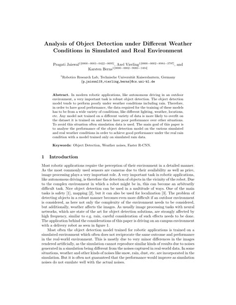 Pdf Analysis Of Object Detection Under Different Weather Conditions In Simulated And Real