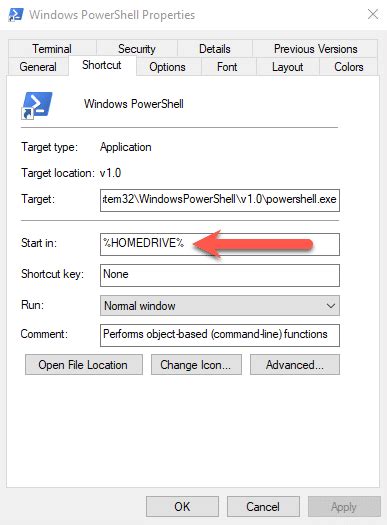 quickly update the default startup location when opening powershell in