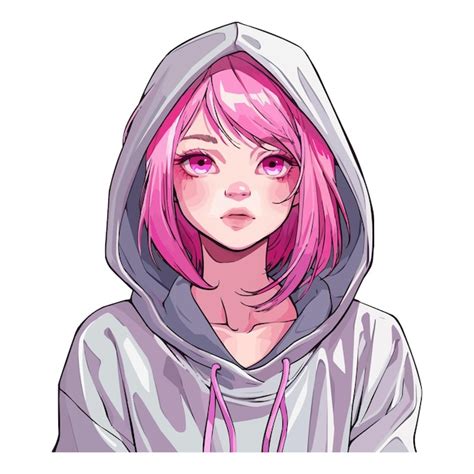 Un Dibujo De Una Chica Con Cabello Rosa Y Una Capucha Vector Premium