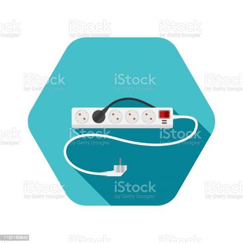 빨간색 스위치 두 개의 Usb 커넥터와 청록색 배경에 그림자 현대 5 소켓 전기 연장 코드 유형 F의 아이콘입니다 0명에 대한