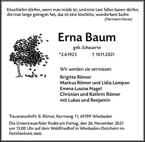 Traueranzeigen Von Erna Baum Vrm Trauerde