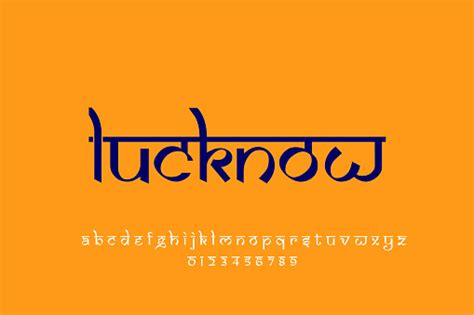 인디언 시티 러크나우 텍스트 디자인 인도 스타일의 라틴 글꼴 디자인 Devanagari는 알파벳 문자 및 숫자 일러스트레이션에서 영감을 받았습니다 0명에 대한 스톡 벡터