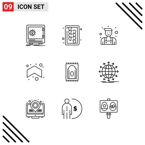 Mobile Interface Outline Set Of 9 Pictograms Of Praying Direction Tool Up Arrow Editable Vector