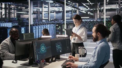 Data Center Team Of Technicians Working On Neural Network Software Development Server Hub