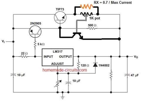 Lm317 With Outboard Current Boost Circuit Homemade Circuit Projects In 2025 Circuit Projects