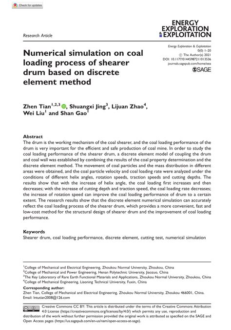 Pdf Numerical Simulation On Coal Loading Process Of Shearer Drum