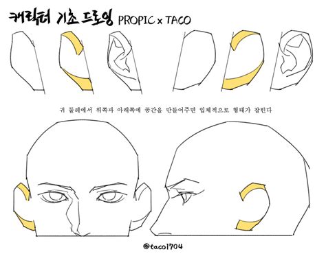 「귀 둘레에서 위쪽과 아래쪽에 공간을 만들어주면 입체적으로 형태가 잡힌다 」타코작가の漫画