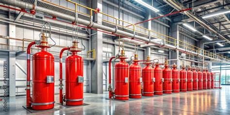 Industrial Fire Suppression System With Rows Of Large Red Cylinders In A Modern Facility