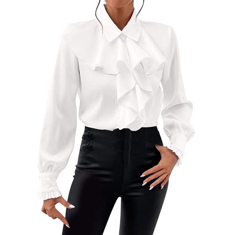 Biudgviw Womens Button Down Shirts Vintage Ruffle Front Turndown Collar