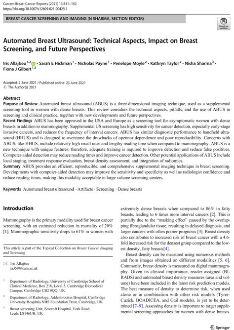 Automated Breast Ultrasound Technical Aspects Impact On Breast Screening And Future