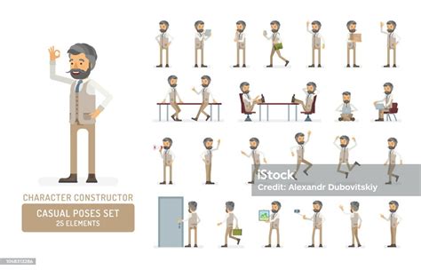 조끼 준비사용 캐릭터 캐주얼 포즈 플랫 스타일에서 설정에서 벡터 젊은 성인 Hipster 남자 전체 길이 제스처 감정 전면 측면 후면 보기 감정에 대한 스톡 벡터 아트 및