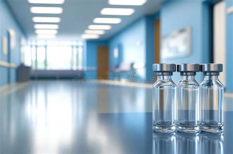 Glass Vials Containing A Clear Liquid Are Arranged On A Reflective Surface Within A Laboratory