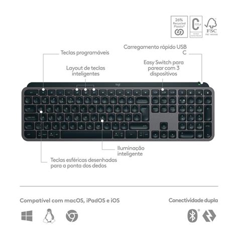 Teclado Sem Fio Logitech Mx Keys S Com Ilumina O Inteligente Recarreg Vel Grafite