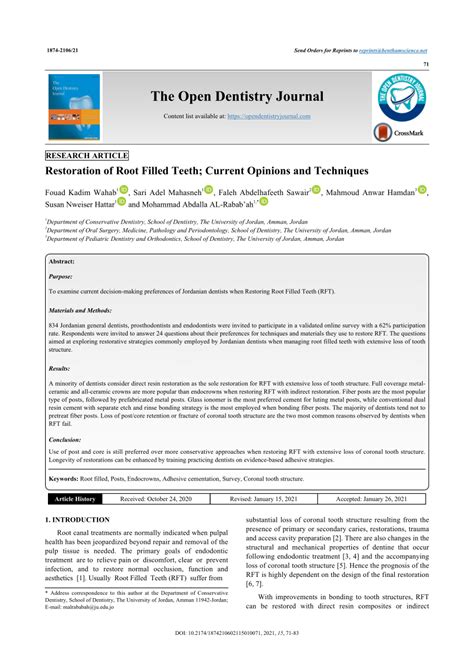 Pdf Restoration Of Root Filled Teeth Current Opinions And Techniques