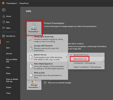 how do i restrict permissions in powerpoint to allow viewing and