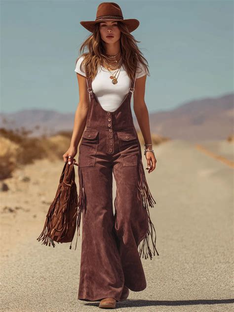Brown Micro Suede Pocket Tassel Wide Leg Overalls Oyrosy