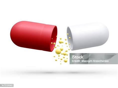 3d 현실적인 열린 빨간색흰색 캡슐과 흰색 배경에 격리된 노란색 공 캡슐 알약과 분자를 데이터 시각화 화학 성분 정보로 사용합니다 벡터 그림 약품 캡슐에 대한 스톡 벡터