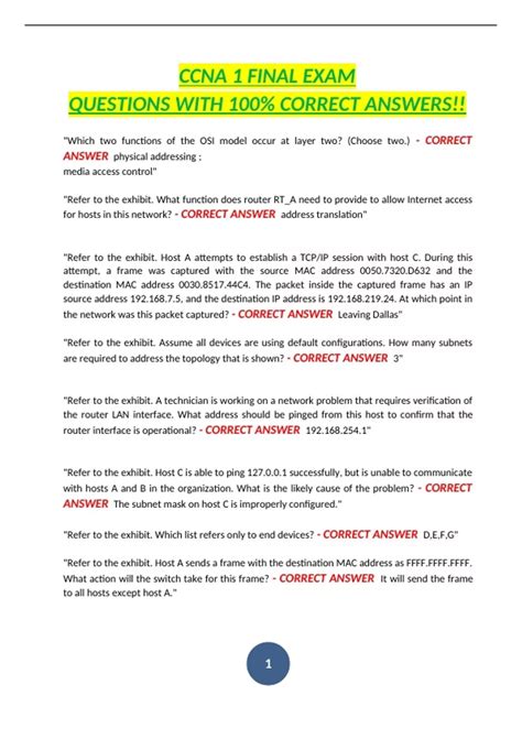 Ccna 1 Final Exam Questions With 100 Correct Answers Ccna Cisco Certified Network