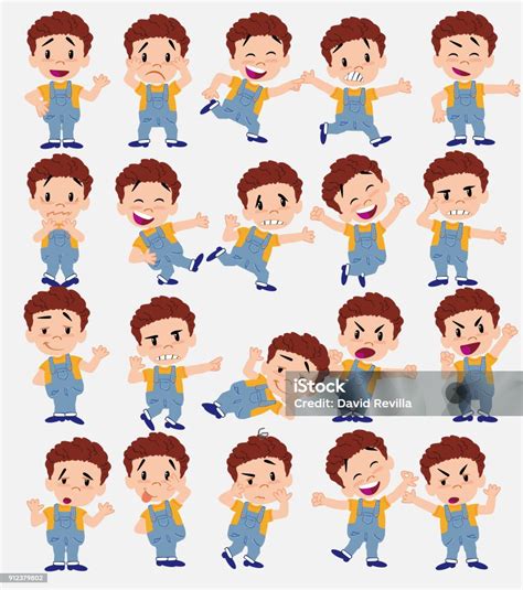 청바지에 만화 캐릭터 백색 소년입니다 다른 자세 태도 포즈 고립 된 벡터 그림에 다양 한 활동을 하 고 설정 합니다 교사 교육